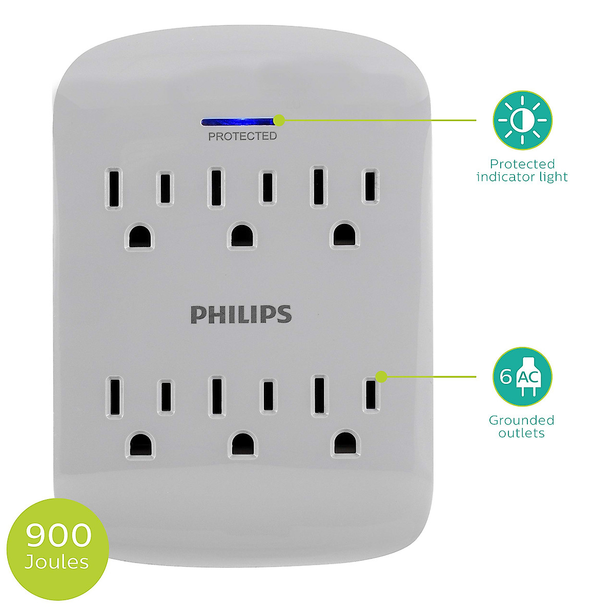 Philips 6-Outlet Extender Surge Protector, 900 Joules, 3-Prong, Space Saving Design, Protection Indicator LED Light, 4 Pack, Grey, SPP3469GR/37