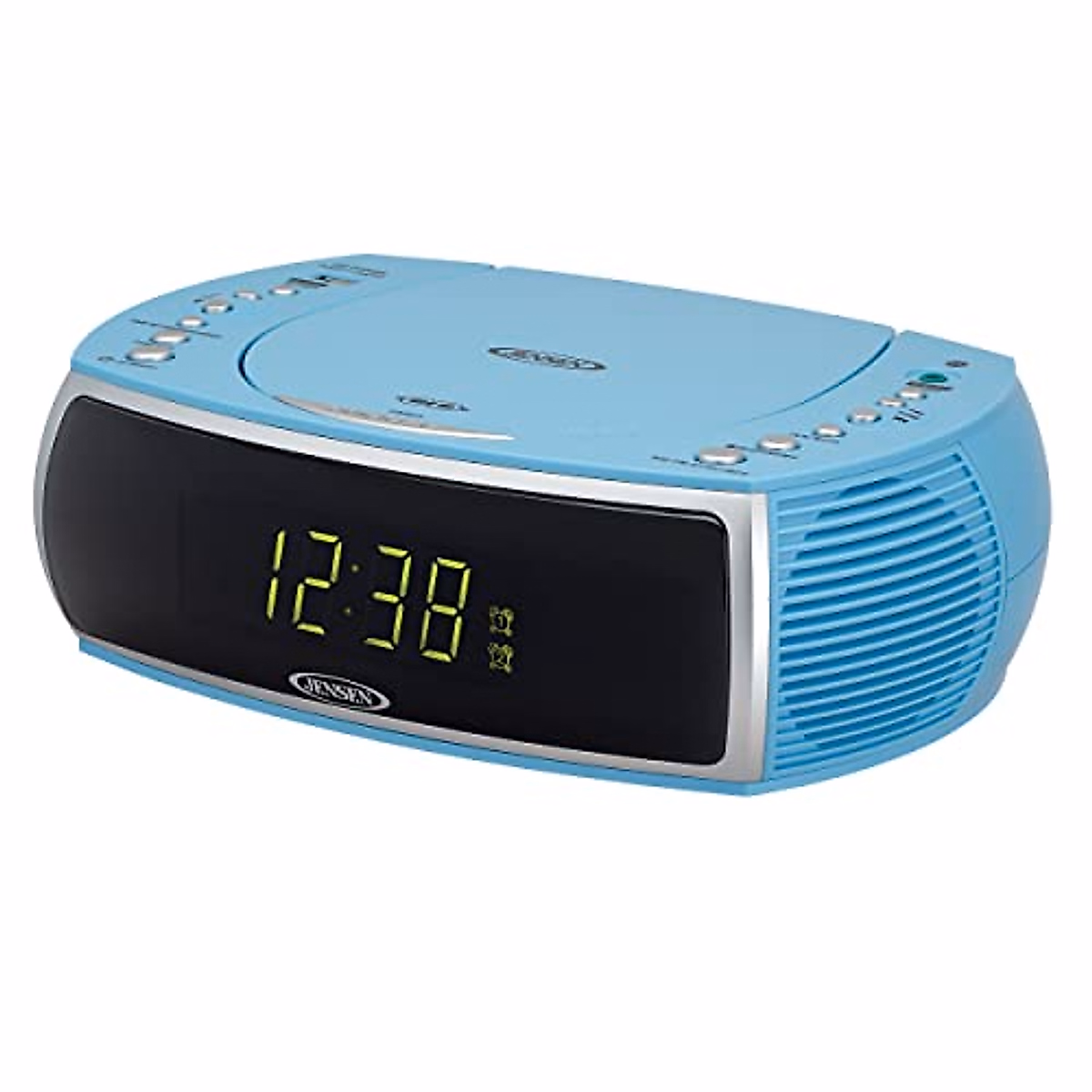 Jensen Sky Blue Modern Home CD Tabletop Stereo Clock Digital AM/FM Radio CD Player Dual Alarm Clock CD Top-Loading Player | USB Charging Port DV 5V 800mA | Headphone Jack | 0.9 Display Green LED