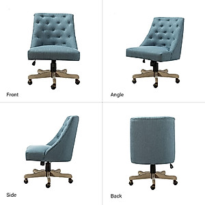 Modern Tufted Armless Home Office Chair, Comfy Upholstered Desk Chair with Vintage Wood Base, Height Adjustable Swivel Computer Task Chair for Living Room Bedroom, Blue