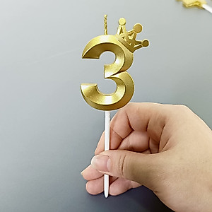 Number 3 Birthday Candle 3D Crown Designed Cake Topper Decorations for Three Years Old Happy Birthday Candles Anniversaries (Crown-3, Gold)