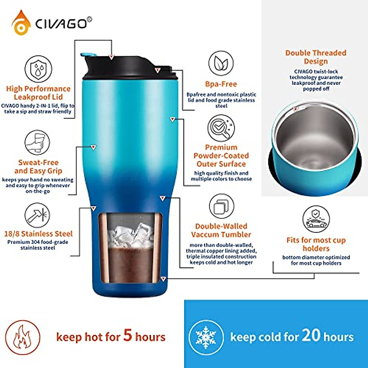 CIVAGO 30 oz Insulated Tumbler with Straw and Lid, Stainless Steel Travel Coffee Mug Cup, Double Wall Vacuum Water Bottle, Black Glitter