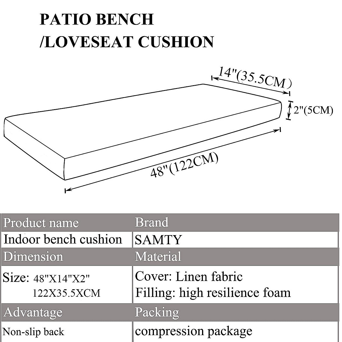 Bench Seat Memory Foam Chair Pads Non-Slip Rubber Back Indoor Swing/Settee Cushion 48 x 14 inch