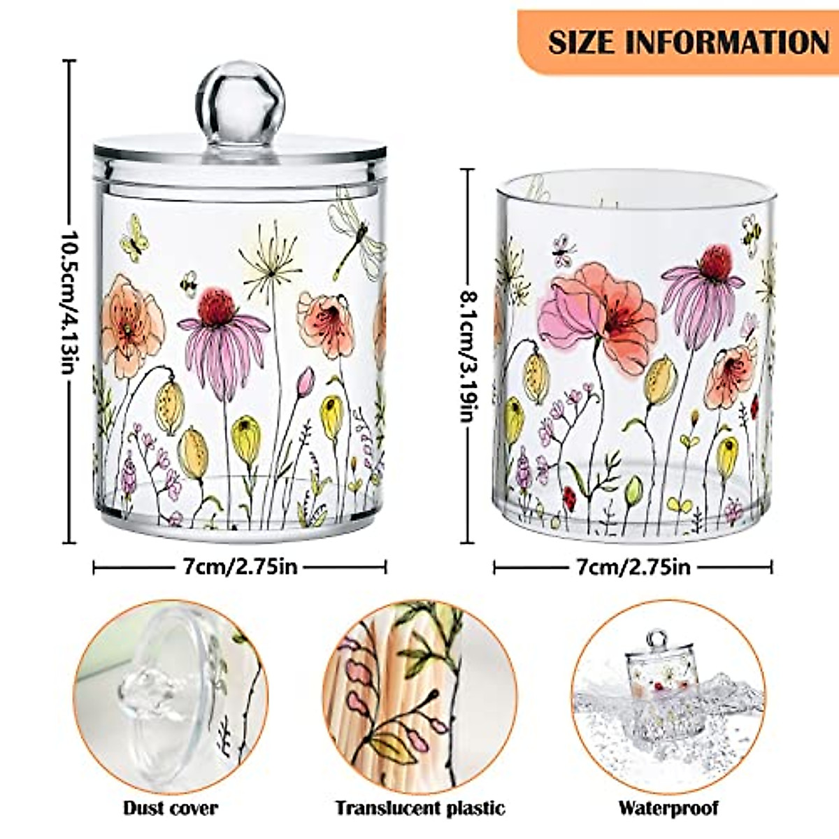 2 Pack Qtip Holder Dispenser with Lids, Flowers Floral Dragonfly Plastic Storage Containers,Bathroom Canisters Organizer for Cotton Ball, Cotton Swab, Cotton Round Pads, Floss 21213294
