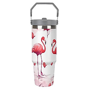 RTFGHJS Lovely Flamingos 30 Oz Tumbler with Handle And Flip Straw, Stainless Steel Vacuum Insulated Travel Mug, Thermal Cup for Coffee, Water, Iced Drinks, Fits Car Cup Holders (Home, Sports)