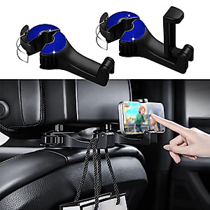 DWARFOO 2 Pack Car Headrest Hook with Phone Holder, 2 in 1 Car Vehicle Back Seat Headrest Mobile Phone Holder Hanger Holder Hook for Bag Purse Cloth Grocery (Blue)