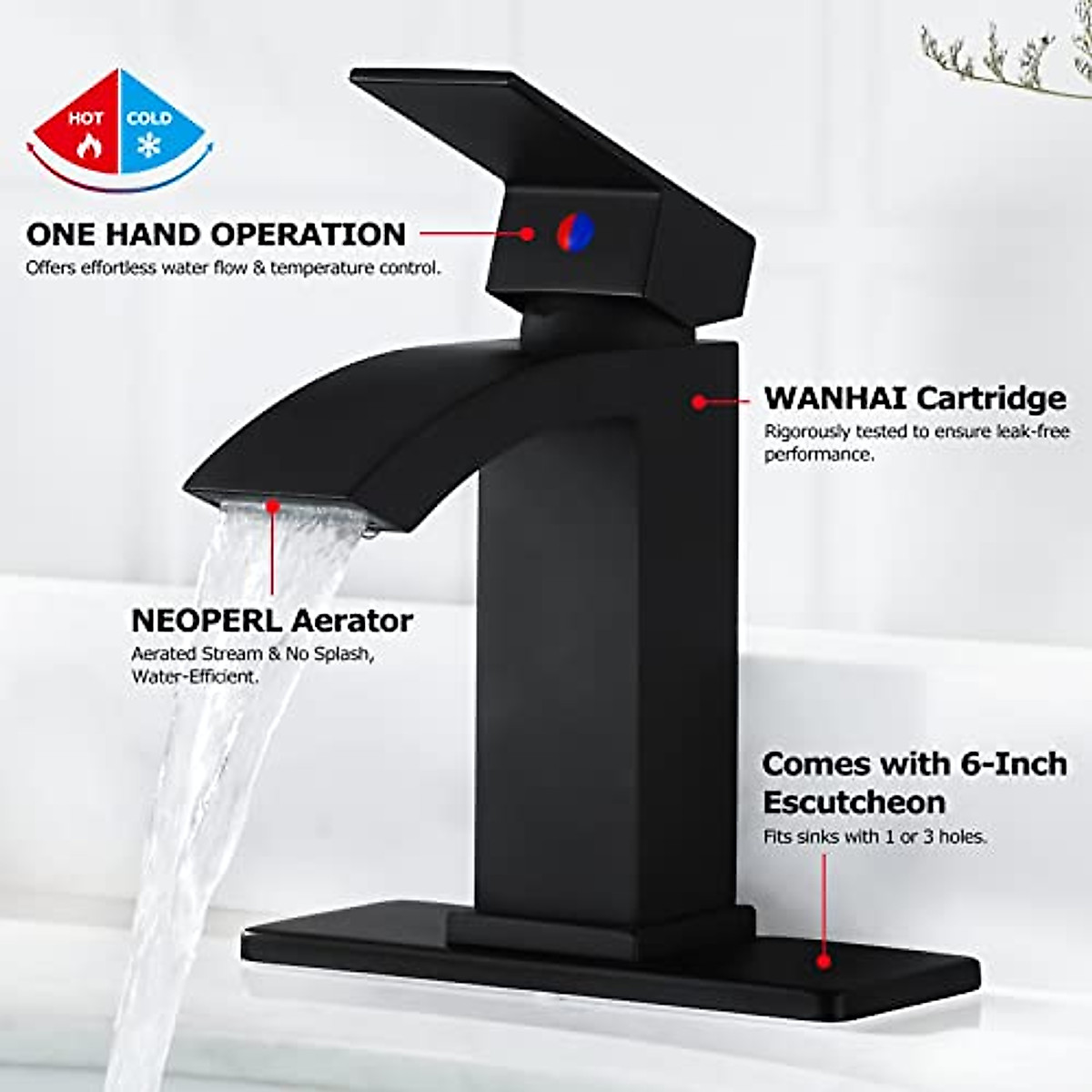 EZANDA Brass Waterfall Bathroom Faucet with Extra Large Rectangular Spout, Deck Plate, Pop-up Drain Assembly & Water Supply Hoses Included, Matte Black, 14254