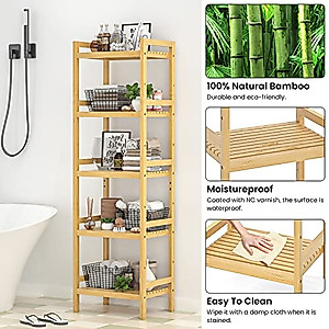 Homykic Bamboo Bookshelf, 5-Tier Narrow 55.9” Adjustable Book Shelf Bookcase Bathroom Shelves Freestanding Storage Stand for Living Room, Bedroom, Kitchen, Rust Resistance, Easy Assembly, Natural