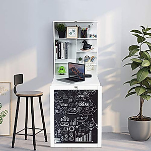 Tangkula Folding Floating Desk with Chalkboard, Wall Mounted Space Saving Fold Up Convertible Table with Storage Shelves & Hooks (White)