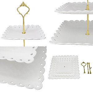 4 Pieces Plastic Cake Stand Set with 2pcs Large 3-Tier Cupcake Stands + 2pcs Appetizer Trays Perfect for Wedding Birthday Baby Shower Tea Party (White)
