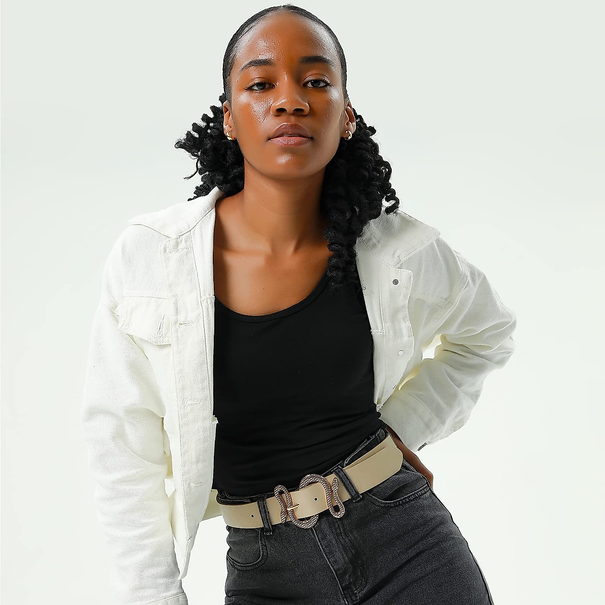 MORELESS Designer Belts for Jeans Women Leather Belt with Snake Buckle Beige X-Smal