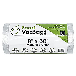 FoodVacBags 8" X 50' Metallic & Clear Embossed Vacuum Seal Roll Bag, Commercial Grade, Make Own Size, Food Storage, Display