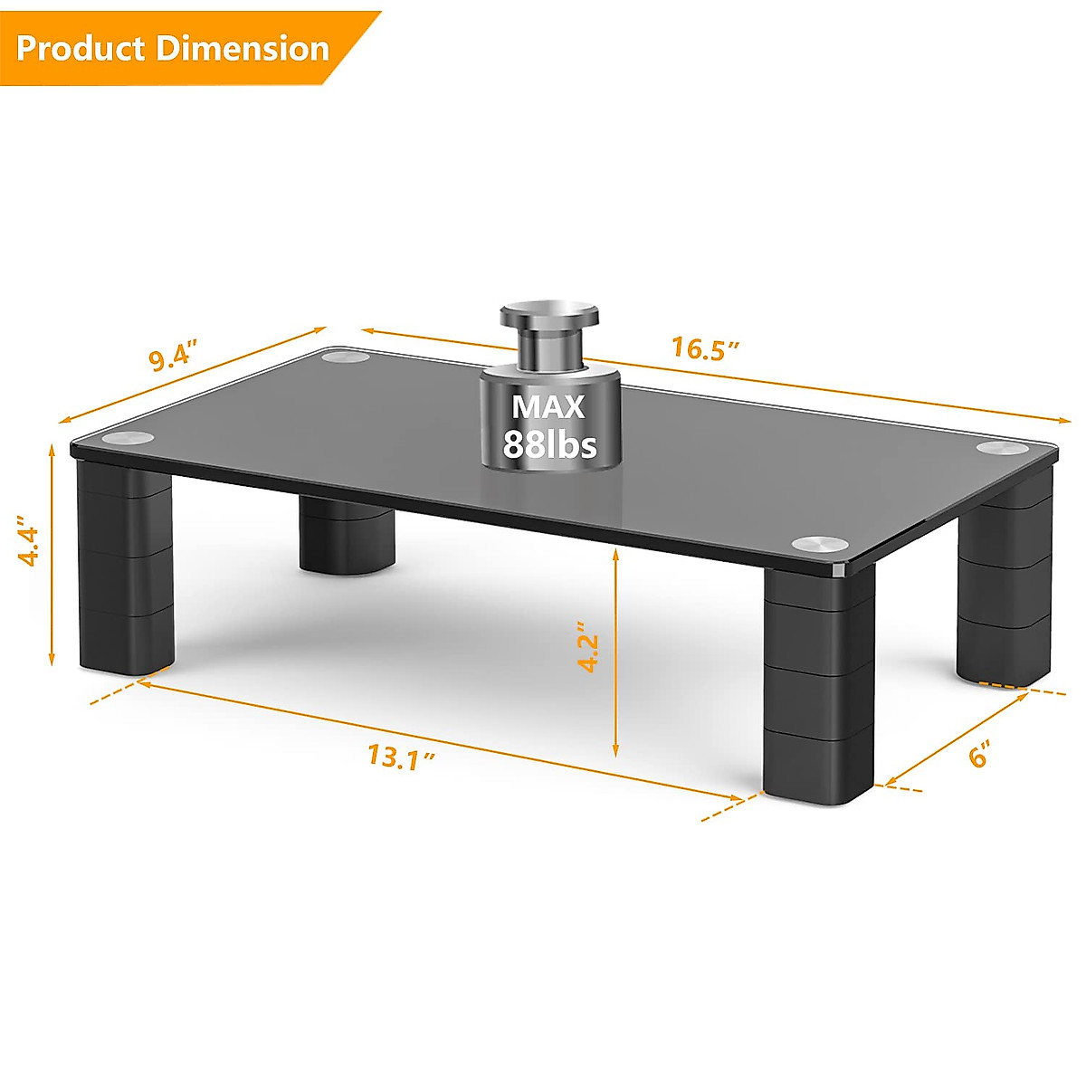 5Rcom Dual Computer Monitor Stand Riser, 2 Pack Height Adjustable Monitor Stand with Tempered Glass, Stackable Desktop Monitor Risers for 2 Monitors, PC, Under Monitor Desk Organizer, Black