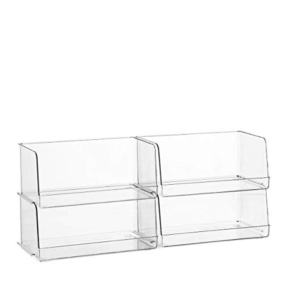 Set of 4 Clear Pantry Organizer Bins Stackable Household Plastic Food Storage Basket with Wide Open Front for Kitchen, Countertops, Cabinets, Refrigerator, Freezer, Bedrooms, Bathrooms - 12" Wide