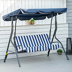 Outsunny 3-Person Patio Porch Swing with Adjustable Canopy for Adults, Steel Frame, Seat & Backrest Cushion, Armrests, Dark Blue & White Striped