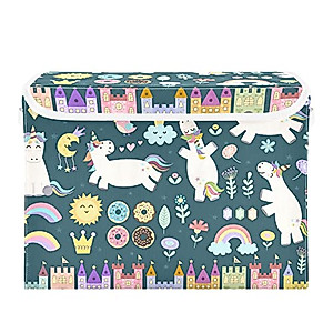 RunningBear Unicorn and Fairytale Large Storage Bins with Lid Collapsible Storage Bin Box Shelves Cube Storage Foldable Fabric Storage Boxes for Clothes Towels Magazine