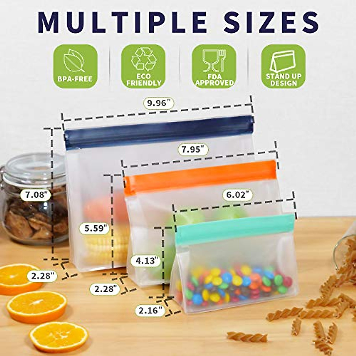 Meetall 9 Pack Reusable Food Storage Bags, 3 Sizes Mixed.3 Gallon Size Bags for Meats,Fish and Vegetables&3 Sandwich Bags&3 Snack Bags for Kids' Food.Reusable,Freezer Safe,Stand Up and Leakproof.