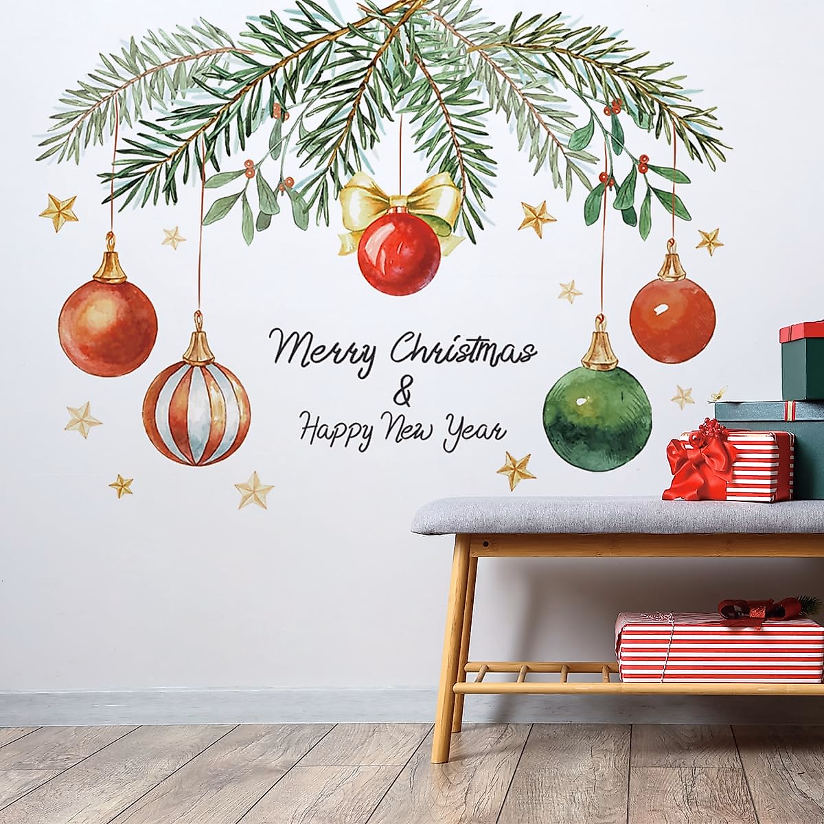 30.71 x 12.12 Inch Merry Christmas Wall Decals Happy New Year Wall Stickers Removable Christmas Fruit Light Ball Wall Decals Decor for Xmas Holiday Party Supplies Home Wall Decor