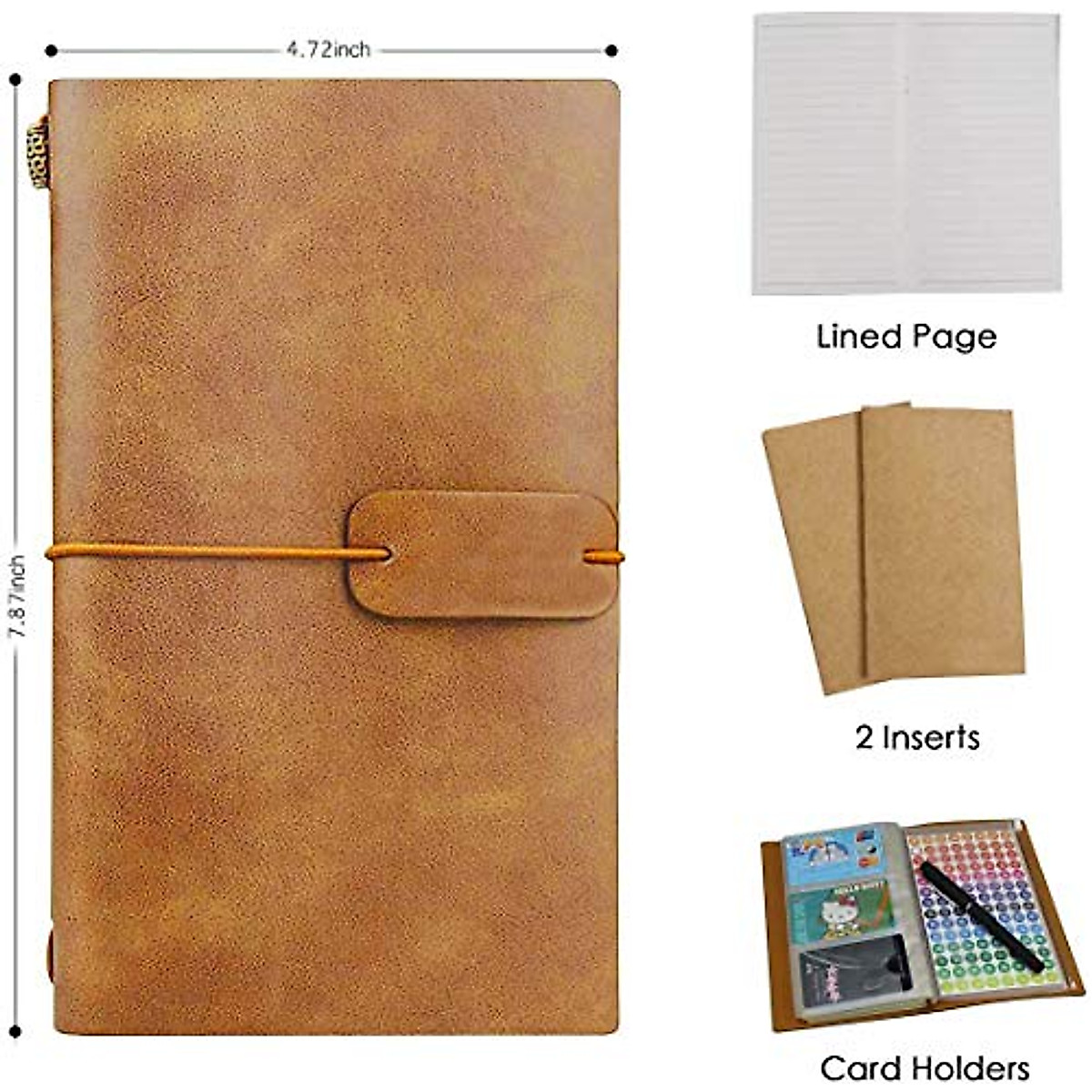 Leather Notebook Journal Diary,Travel Journal,Refillable Vintage Journals to Write in for Men and Women,Classic Retro Style,Perfect for Travelers,Fountain Pen Users,8x4.7'',2 Lined Refills,Brown