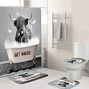 NEWSWELL 4pcs Bathroom Set Highland Cow Bull Shower Curtain 70.8 X 70.8Inch, Get Naked Grey Western Farmhouse with Blanket and Toilet Cover Bath Mat,Polyester Fabric Waterproof 12 Pack Plastic Hooks
