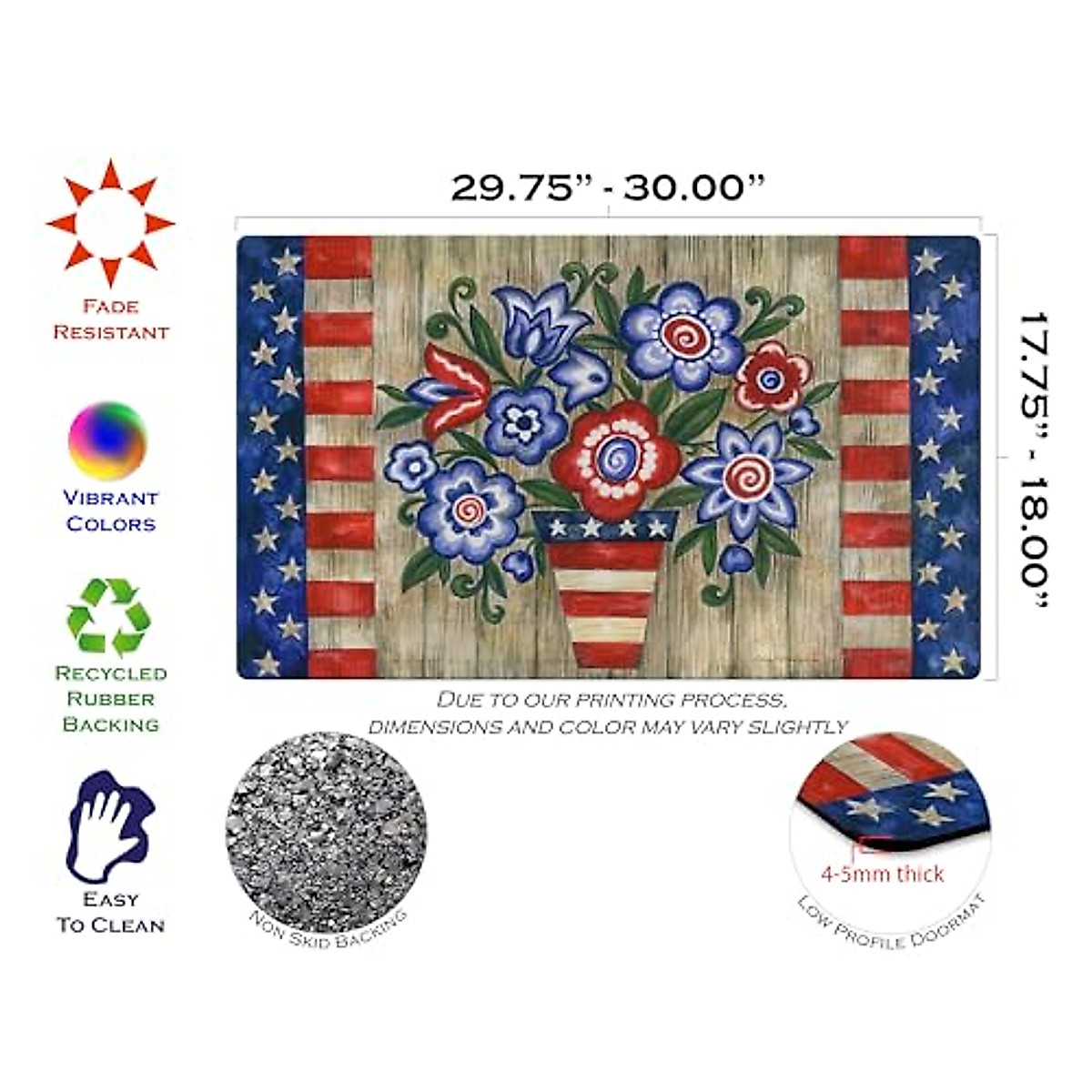 Toland Home Garden 800253 Patriotic Flowers Summer Door Mat 18x30 Inch 4th of July Outdoor Doormat for Entryway Indoor Entrance