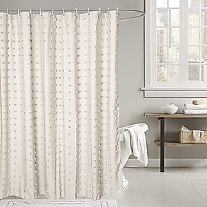 Boho Farmhouse Beige/Cream Shower Curtain Woven Fabric Cute Shower Curtain, 72 x 72 Tufted Pleat Floral Puffs Textured Modern Farmhouse Minimalist Shower Curtain Set with Hooks for Bathroom