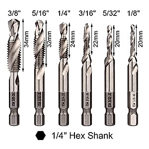 Wolfride 6Pcs 1/4-Inch Hex Shank Combination Drill and Tap Bit Set Metal Deburr Countersink Drill Bit 1/8 inch-3/8 inch
