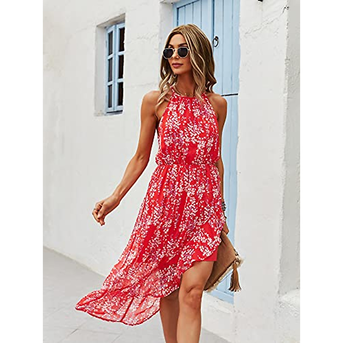ECOWISH Womens Casual Halter Dress High Low Sleeveless Floral Long Maxi Chiffon Sundress 169 Red Medium