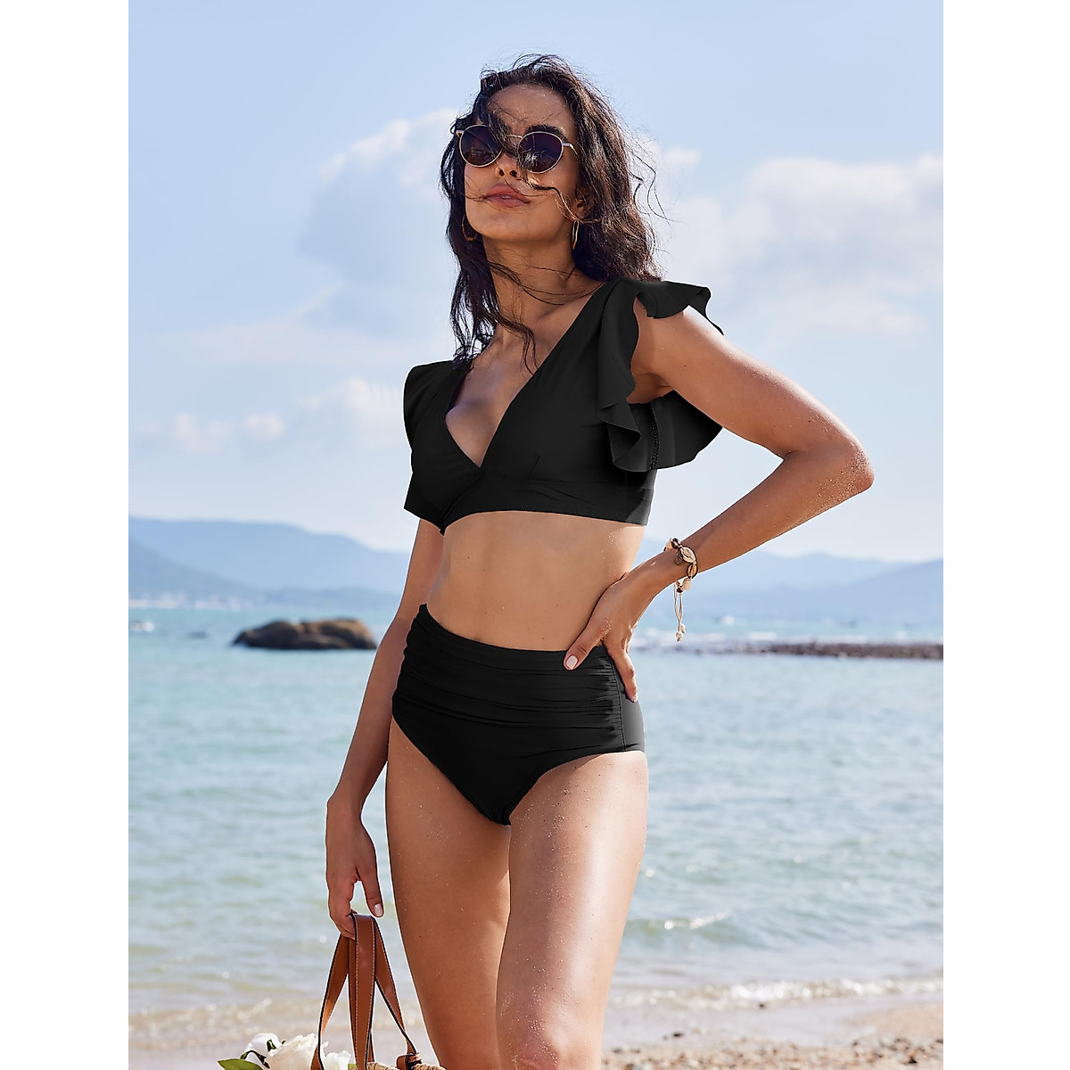 Soucrat Black Swimsuit Tummy Control for Women V Neck High Waisted Bikini Bottom Sexy Two Piece Bathing Suits
