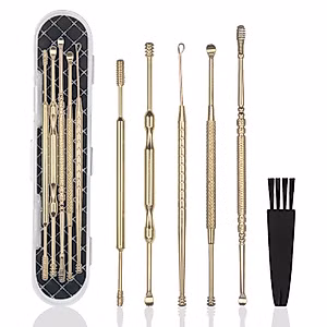 Hion 6 Pcs Extended Ear Wax Removal Kit,Professional Double-Headed Ear Pick Earwax Removal Tools,316L Stainless Steel Ear Cleaner Curette with Cleaning Brush and Storage Box,Suit for Kid Adult(Gold)