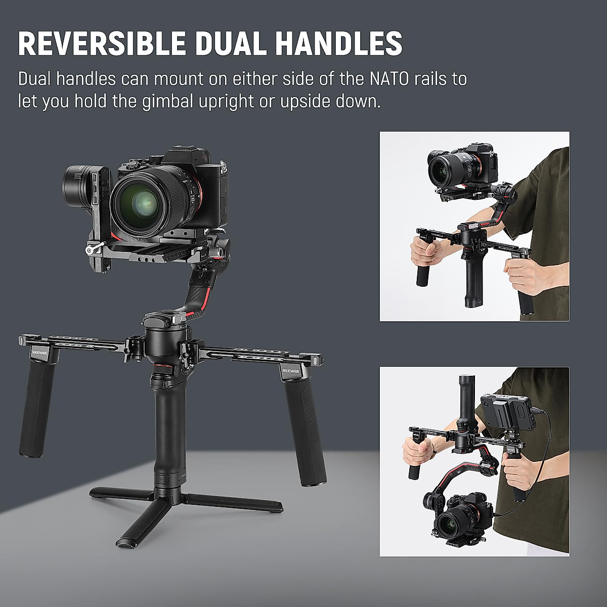 NEEWER Dual Handgrip Compatible with DJI RS4 RS4 Pro RS3 RS3 Pro RS2 RSC2 Ronin S SC Gimbal, Dual Handle Kit with 2 Mini NATO Rails, Quick Release NATO Clamps, 1/4" & 3/8" Threads, GA006