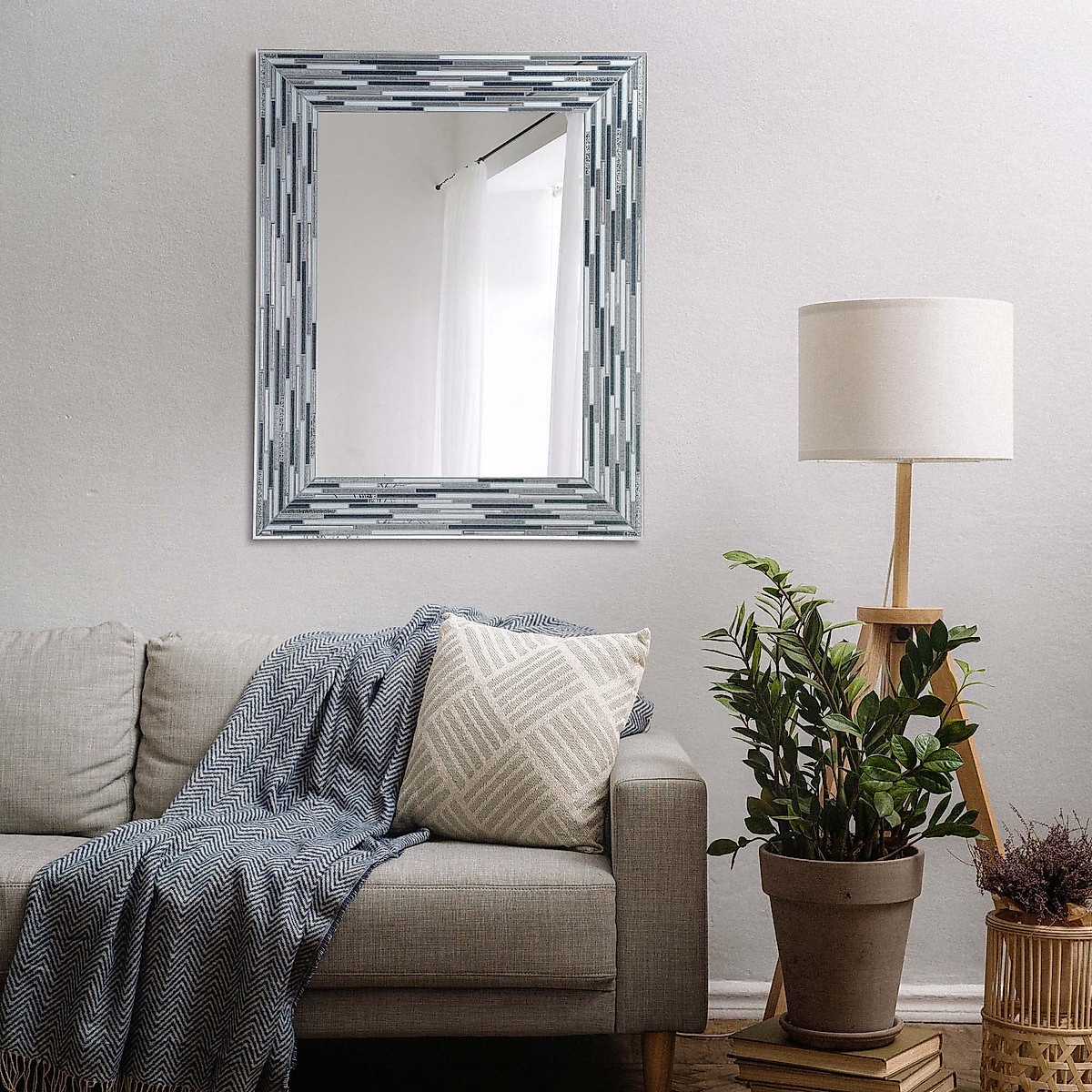 Head West Frameless Reeded Glass Print Gray Modern Wall Mirror - Bathroom Vanity Mirror Decoration with D-Ring Hangers for Vertical & Horizontal Mounting - 24" x 30"