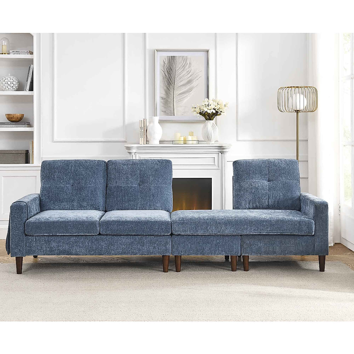 ATY Convertible Sectional Sofa with Removable Ottoman and Cushions, 3 Seats L-Shape Chenille Couch w/Pocket & Rubber Wood Legs, Perfect for Livingroom, Aapartment, Small Space, 80", Navy