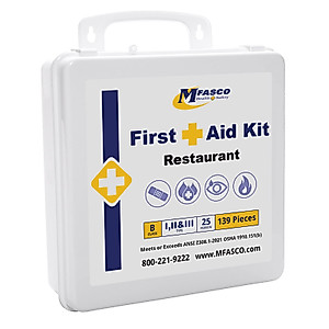 MFASCO Class B Restaurant First Aid Kit - OSHA Compliant - Emergency Plastic Box - Rubber Sealed - Includes Blue Bandages and Burn Care Supplies - Essentials for Work or Restaurant - 139 Pieces