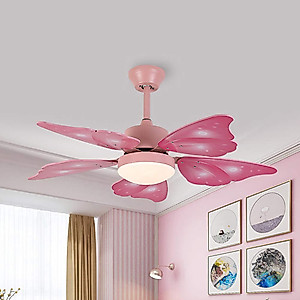 KWOKING Lighting Creative Butterfly Wing Ceiling Light and Fan with Remote Control 5 Blades LED Bedroom Hanging Fan Light Adjustable Speed for Kids Bedrooms - Pink