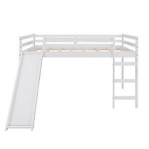 Full Loft Beds with Slide, Low Loft Bed Frame with Ladders Modern Fun Junior Loft Bed for Kids Boys Girls, White