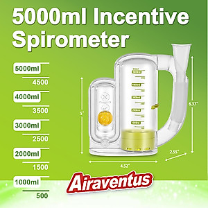 Incentive Spirometer Adult, Breathing Exercise Device for Lungs, 5000ml Capacity, Made with Medical-Grade Shatterproof PC Material, Easy-to-Read Scale, Airflow Indicator for Controlled Breathing