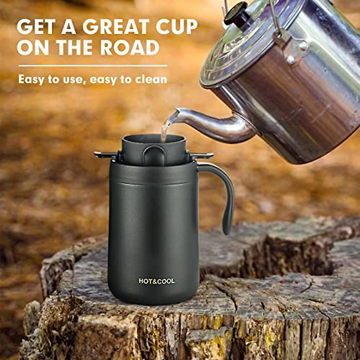 TEBICOO 16oz Camping Coffee Maker Pour Over Coffee Maker Set with Stainless Steel Coffee Mug + Collapsible Pour Over Coffee Filter - for Travel Camping Offices Backpacking