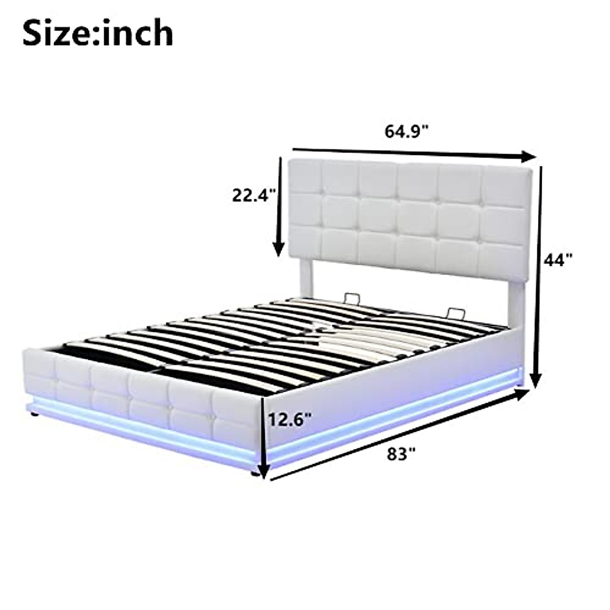 Bellemave Queen Lift Storage Bed with LED Lights and USB Charger, PU Upholstered Queen Platform Bed with Hydraulic Storage System for Kids Teens and Adults, No Box Spring Needed (Queen, White)