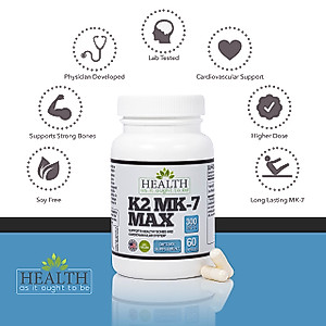 Health As It Ought To Be Vitamin K2 MK7 MAX Extra Strength 300mcg Supplemeny | Soy Free, Proven Bioavailability & Safety | 60 Capsules