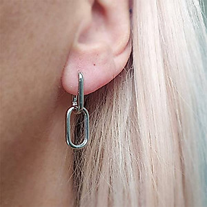 Kyerlyn Silver Earrings for Women Trendy, Dainty Sterling Silver Paperclip Square Chain Link Dangle Hoop Earrings Chunky Huggie Hoop Earrings Studs Hypoallergenic Simple Jewelry Gifts