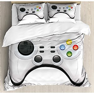 Lunarable Gamer Duvet Cover Set, Modern Gamepad with Colorful Action Buttons with Joysticks and D-Pad, Decorative 3 Piece Bedding Set with 2 Pillow Shams, Queen Size, Charcoal Grey Pale Grey