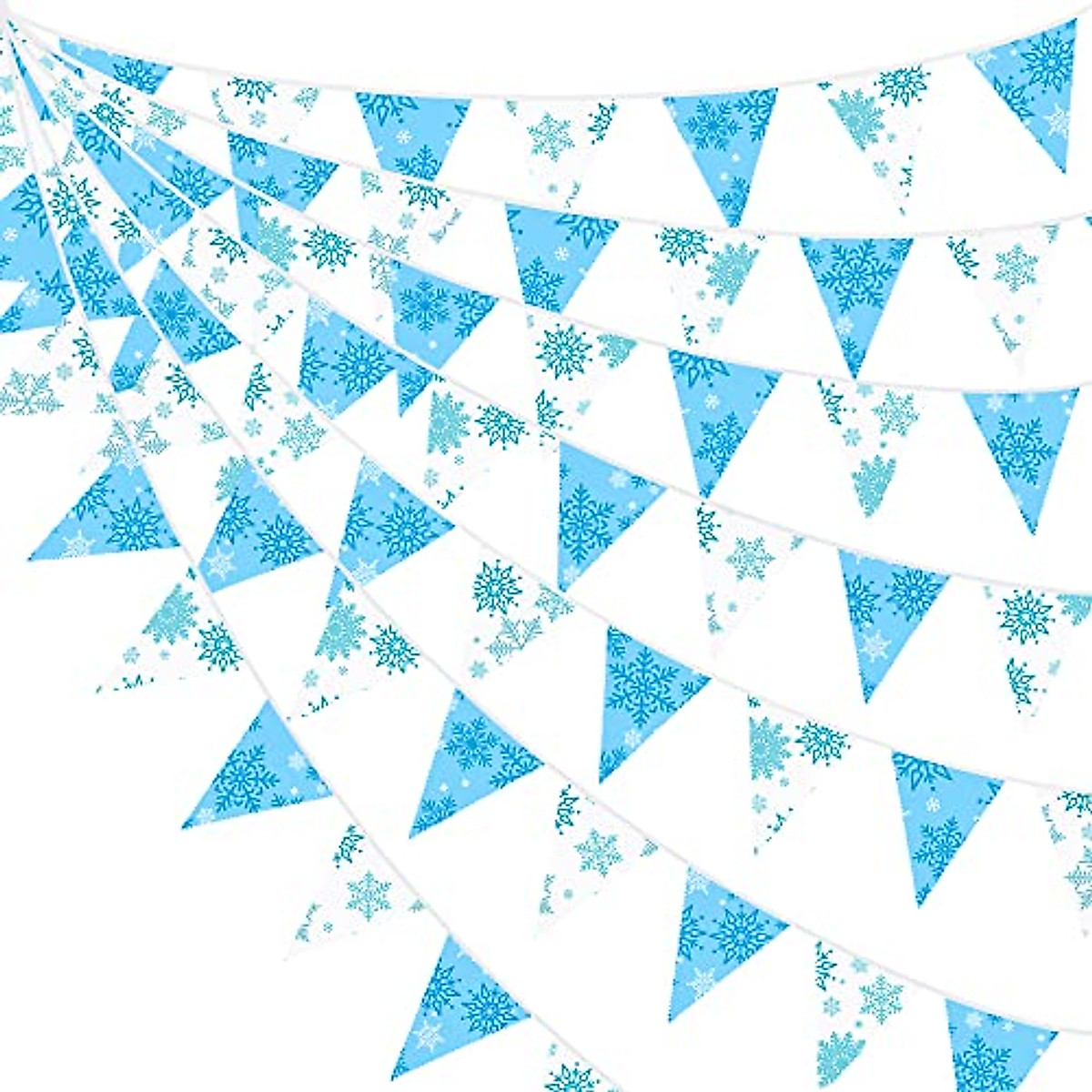 32Ft Blue and White Snowflakes Banner Triangle Flag Pennant Bunting Fabric Garland Streamers for Winter Wonderland Christmas Frozen Birthday X-mas New Years Party Festivals Hanging Decorations