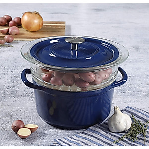 Kenmore Oak Park Cast Iron Dutch Oven with Lid and Steamer, 5-Quart, Blue