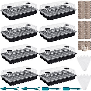 8 Pack Seed Starter Tray Seedling Trays with 200 Peat Pellets 20 Plant Labels 4 Gardening Tools with Humidity Vented Domes and Base Seed Germination Kit Mini Greenhouse for Plant Seedling (Black)