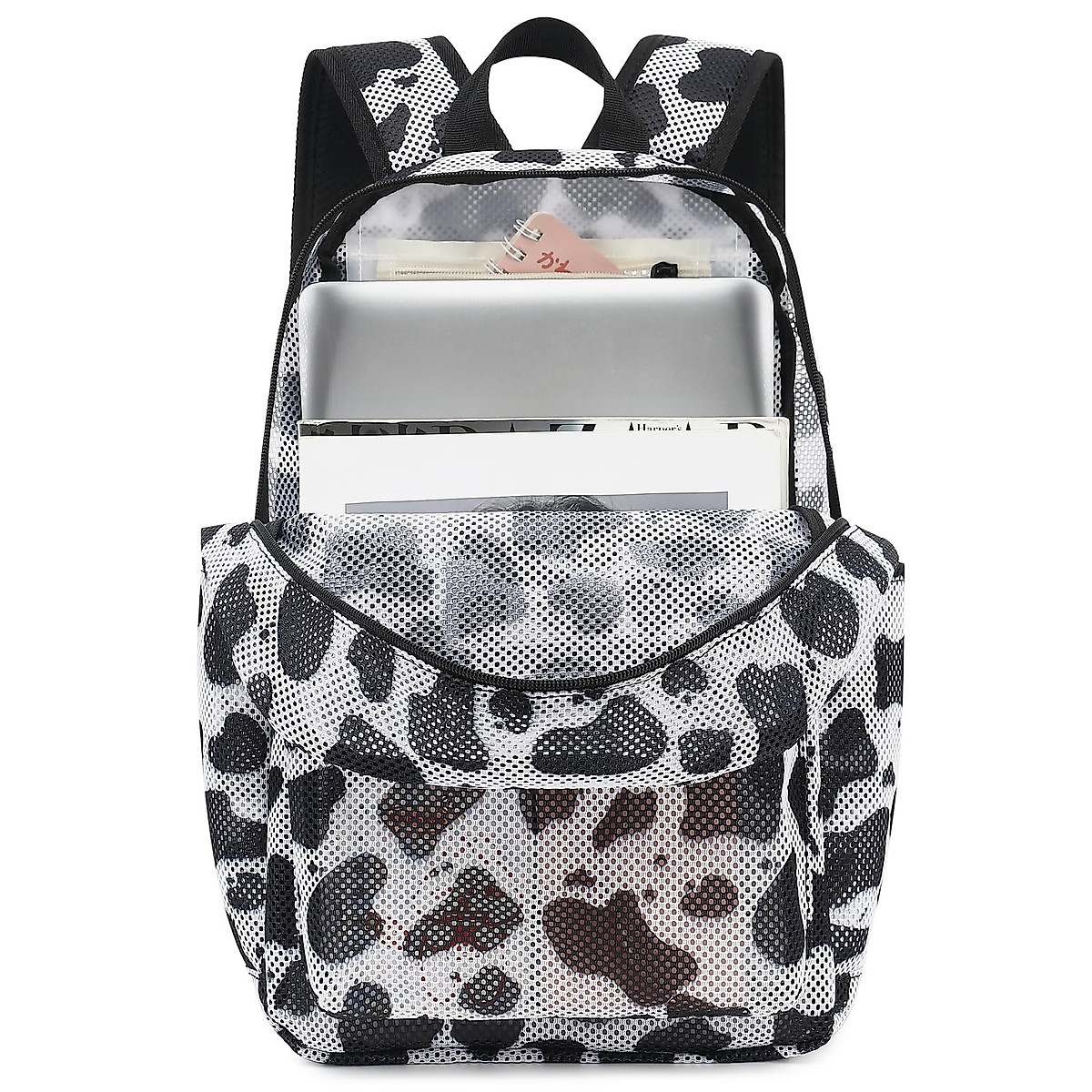 Xunteny Cow Print Mesh Backpack for Girls Women, Semi-Transparent Kids School Backpack College Bookbag Casual Daypacks for Beach Gym Travel