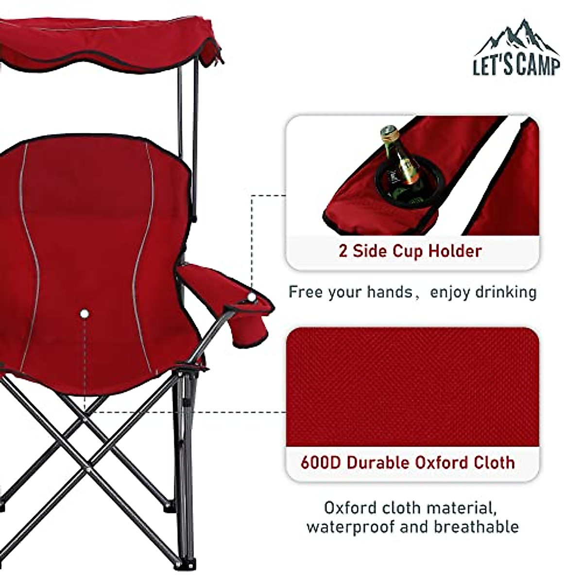 LET'S CAMP Camp Chair with Shade Canopy Folding Camping Recliner Chair with Carry Bag for Outdoor Camping Hiking Beach, Heavy Duty 350 LBS