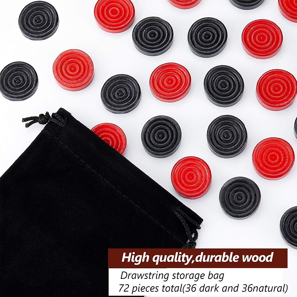 72 Pieces Wooden Checkers 1.06 Inch Checkers Board Game Pieces Stackable Ridge in Drawstring Storage Pouch for Checkers Backgammon Game, Red and Black