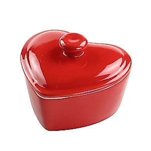 Bicuzat Heart-Shaped Dessert Bowl with Lid Ceramic Baking Bowl Rice Bowl-5 OZ-Red