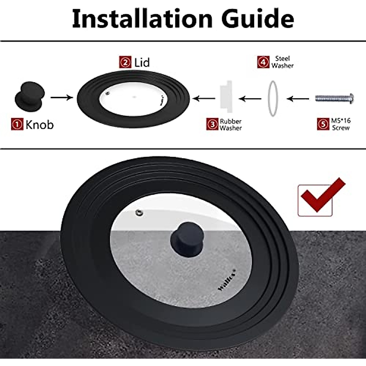 Walfos Universal Pan Lid - Pot Lid for Pots, Pans and Skillets, with Unique Enlarged Heat Resistant Silicone Rim and Tempered Glass, Fits 8" to 12" Diameter Cookware, BPA Free (1 Piece)