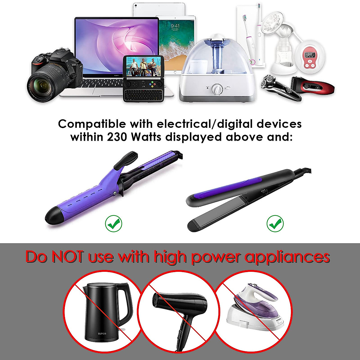 ALLWEI International Travel Adapter 220V to 110V Power Voltage Converter for Hair Straightener/Curling Iron, Universal Power Plug Adapter UK, US, AU, EU, IT, India (White)